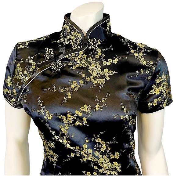 Whitby | Dresses | Vintage Whitby Black Silk Satin Metallic Gold Cherry ...